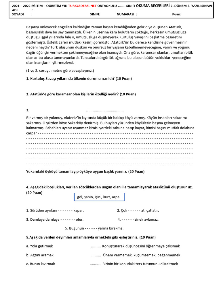 5 Ve 6. Siniflar 2. Donem 2. Okuma Becerileri Sinavi Turkcedersi.net Busra TAHIROGLU (3) | PDF