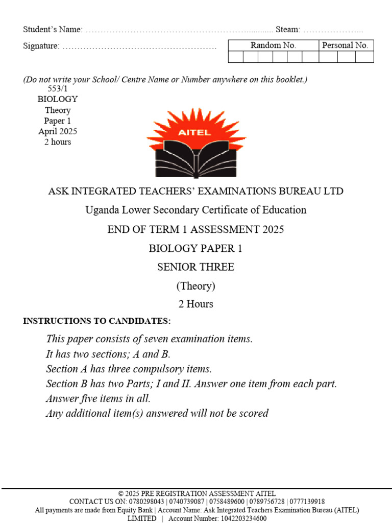 Biology Assessment Paper for Senior Three | PDF | Circulatory System ...