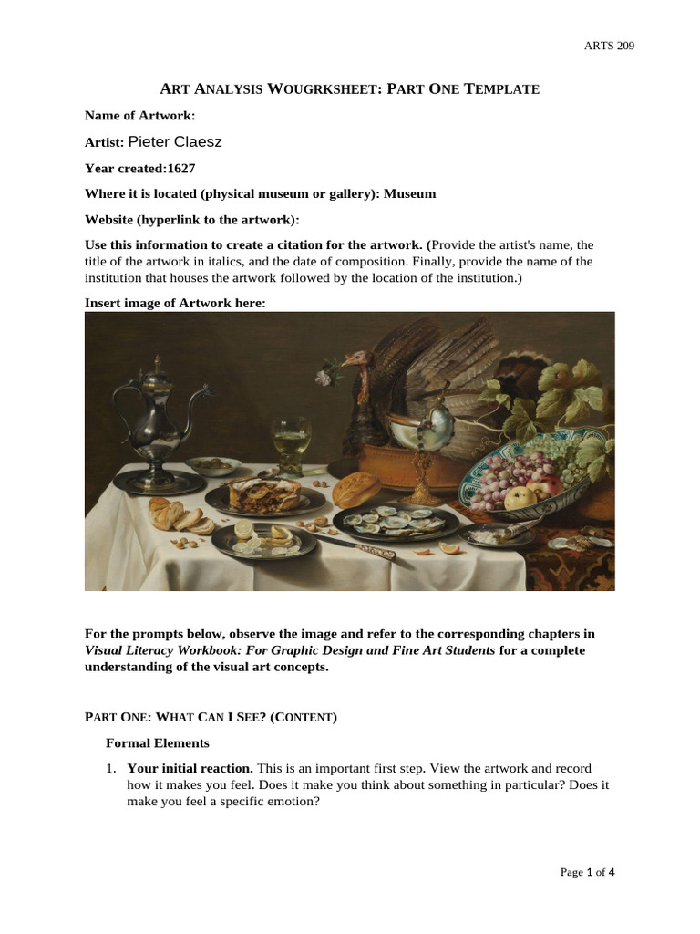 Art Analysis Worksheet Part One Template | PDF | Composition (Visual ...