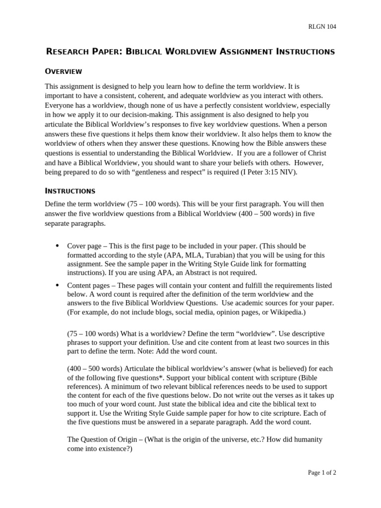Research Paper Biblical Worldview Assignment Instructions | PDF | Bible ...