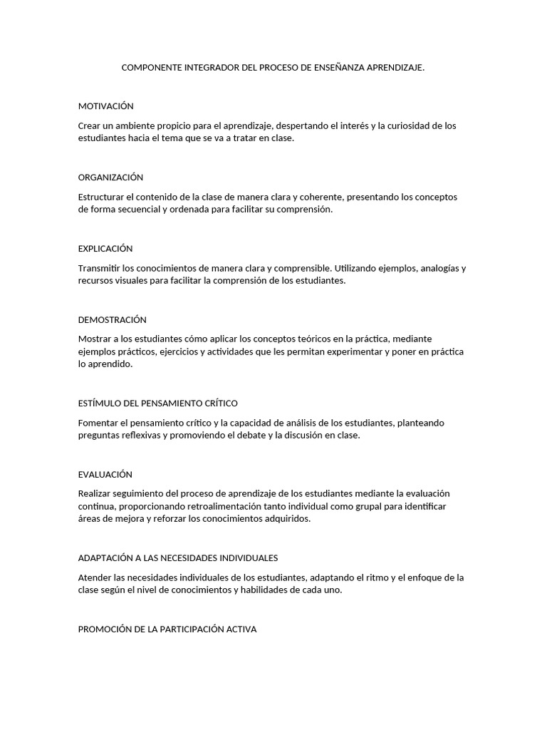 Componente Integrador Del Proceso de Enseñanza Aprendizaje | PDF