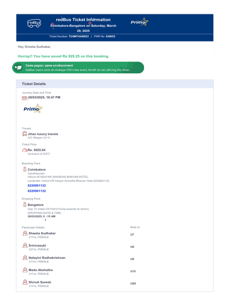 Coimbatore to Bangalore Bus Ticket Details | PDF