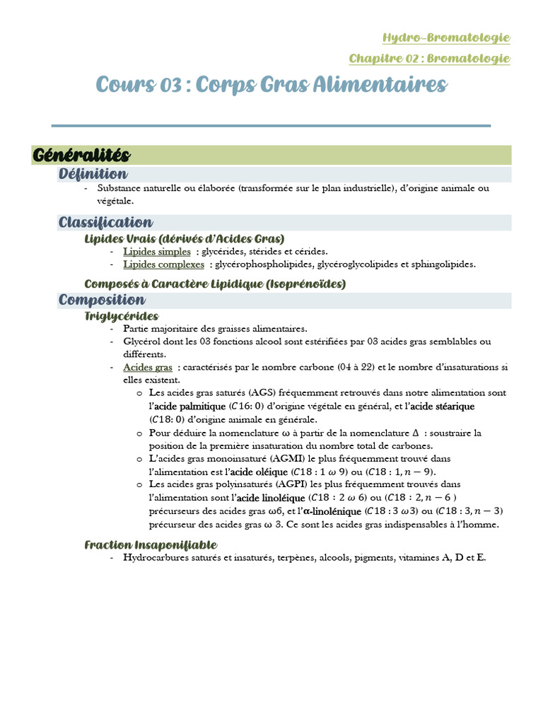 Corps Gras Alimentaires : Propriétés et Analyses | PDF | Acide gras ...