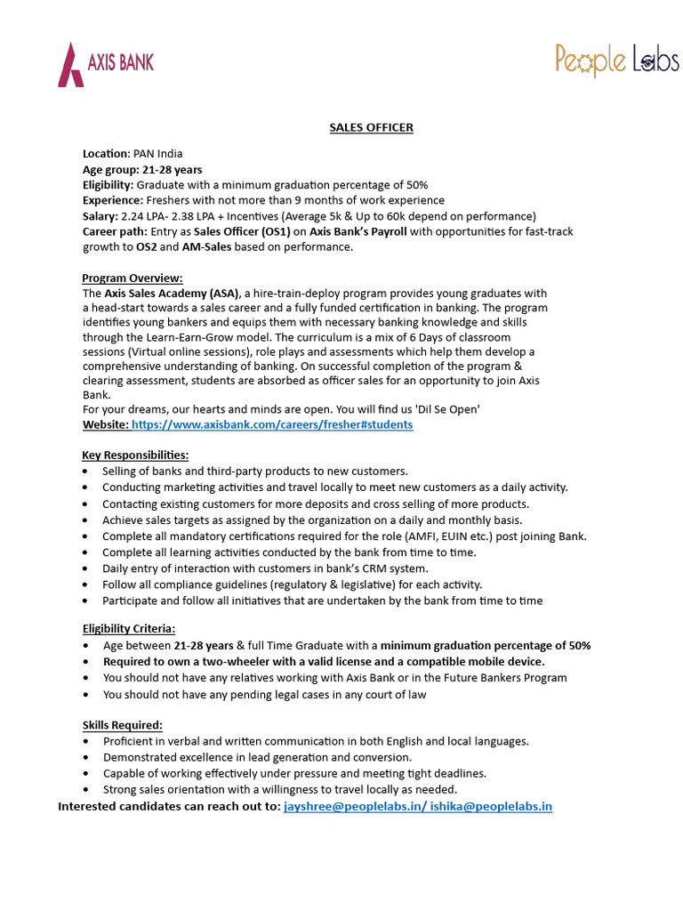 Job Description - Axis Bank - PAN INDIA | PDF | Banks | Learning