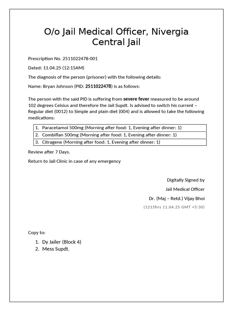 Office of Jail Medical Officer Nivergia Central Jail | PDF