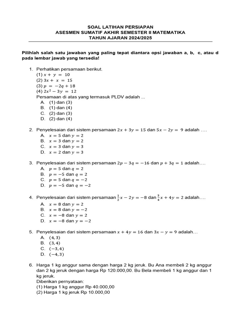 Soal Latihan Persiapan Asas Sem 2 2025 | PDF