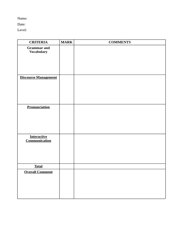 Speaking Exam Feedback Sheet (1) | PDF