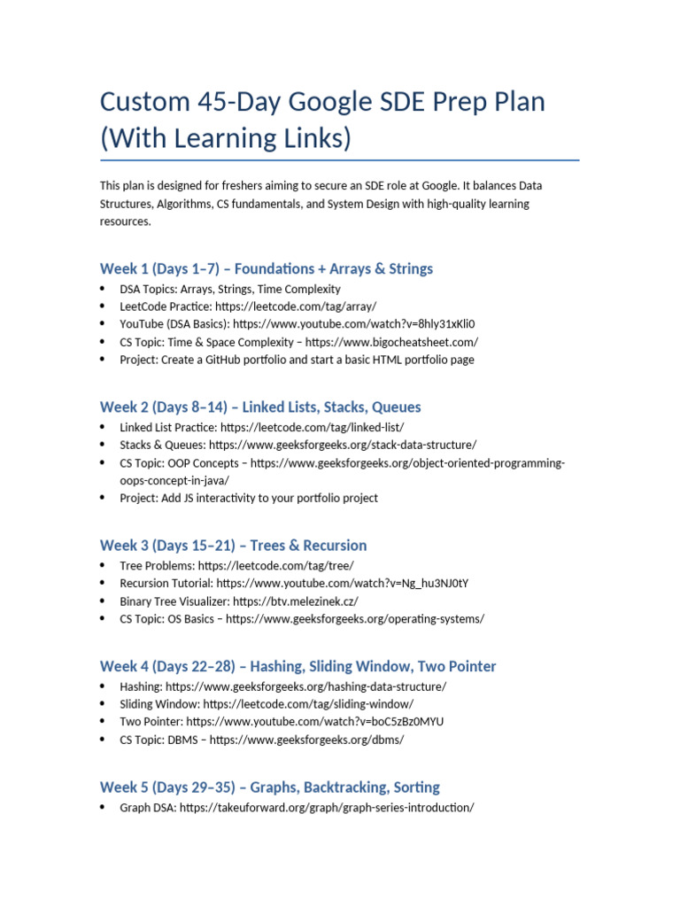 Google 45 Day SDE Prep Plan | PDF | Pointer (Computer Programming ...