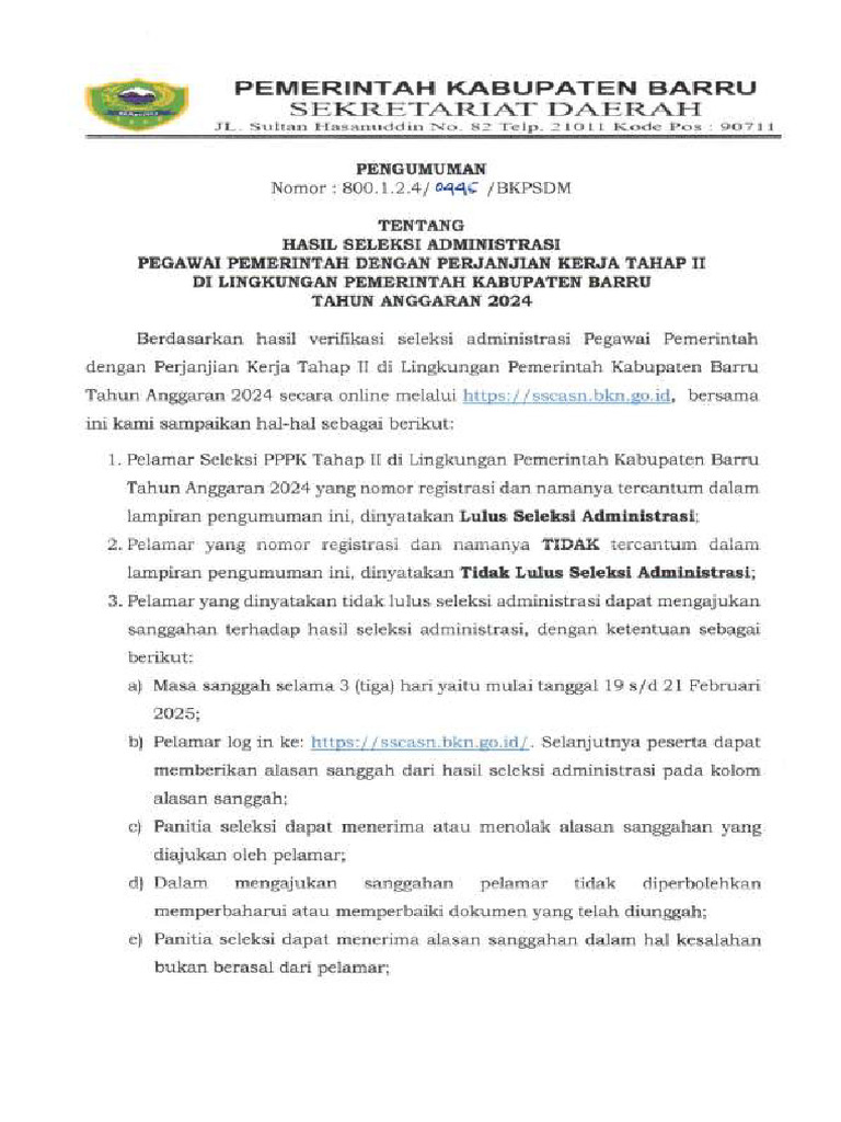 Pengumuman Seleksi Adm. PPPK Tahap II Pemkab Barru TA 2024 Compressed | PDF