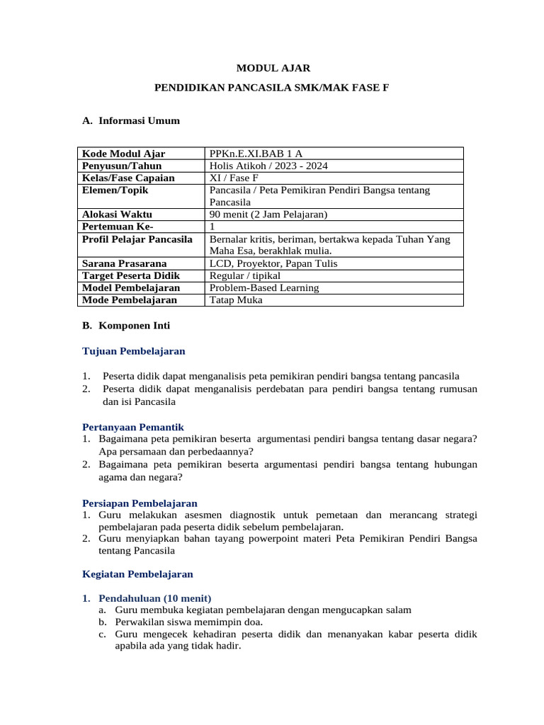 Modul Ajar - Pend Pancasila - Fase F - Holis Atikoh | PDF