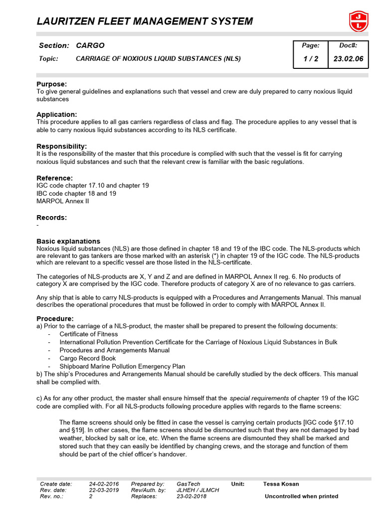 22-Carriage of Noxious Liquid Substances (NLS) | PDF | Shipping