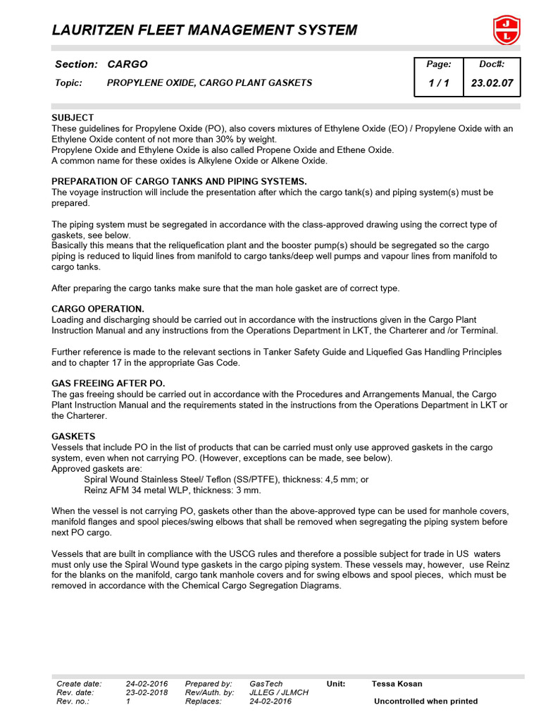 Propylene Oxide Cargo Guidelines | PDF | Chemical Substances | Gases