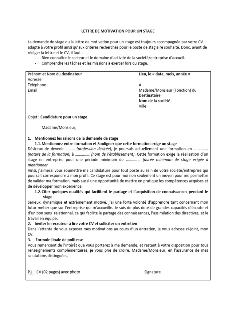 Modèle de lettre de demande de stage | PDF