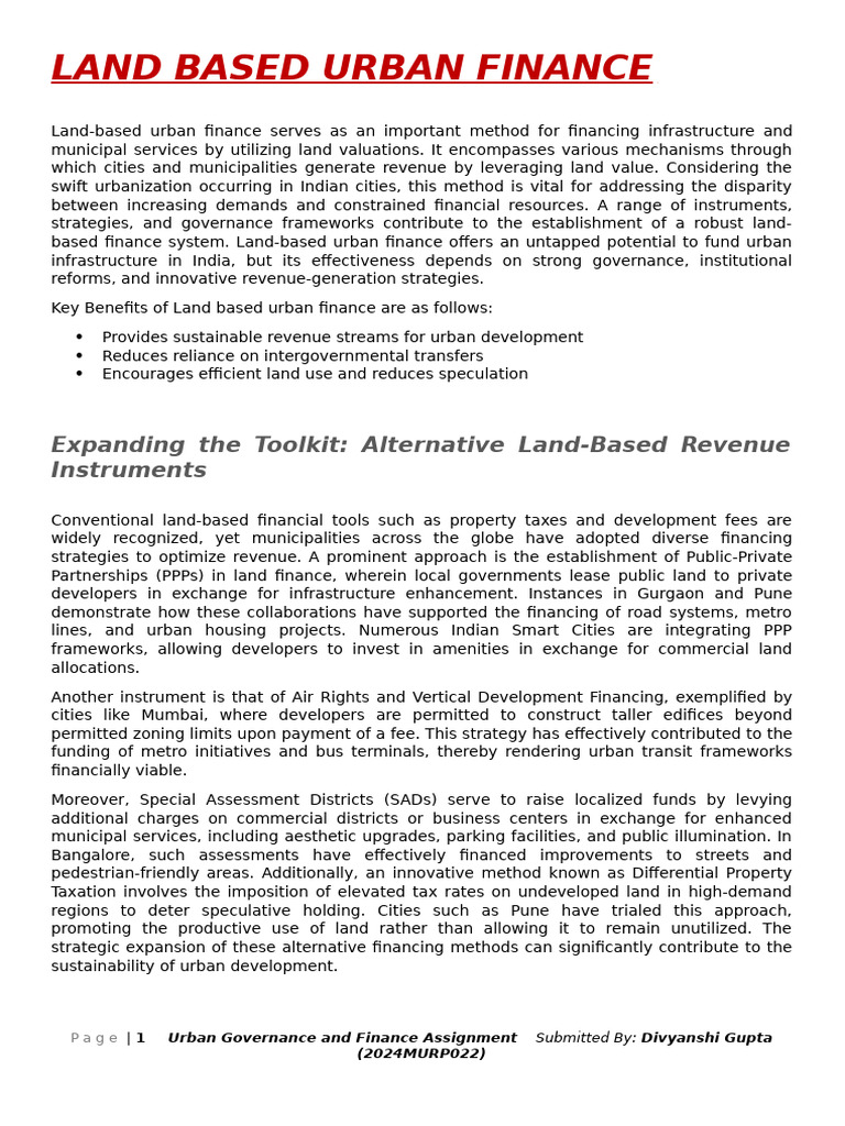 Land Based Urban Finance Assignment - Divyanshi Gupta | PDF | Taxes | Infrastructure
