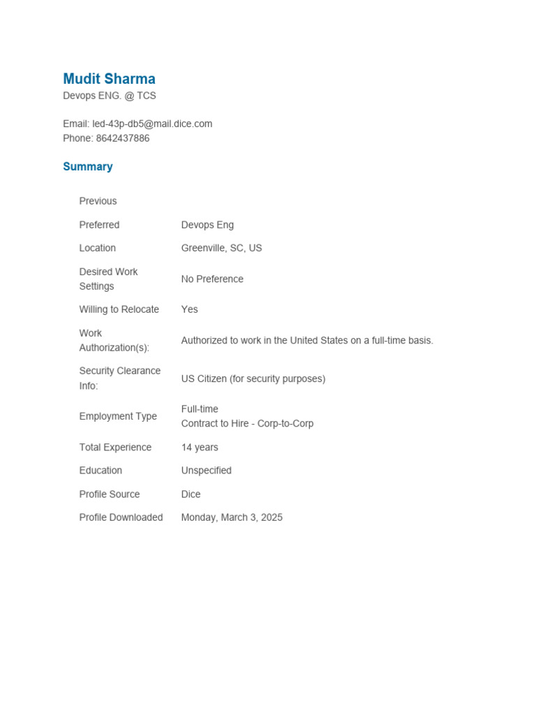 Dice_Resume_CV_Mudit_Sharma | PDF | Version Control | Information Technology