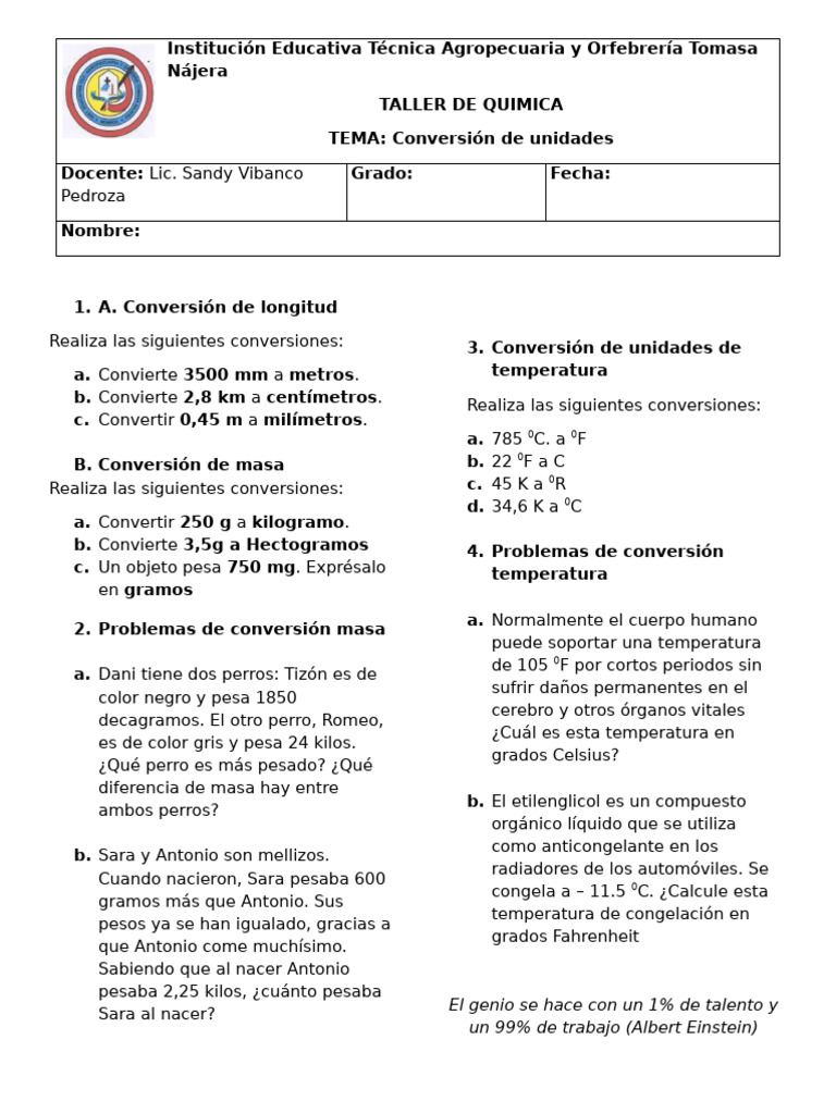 Taller Convesion Masa, Longitud y Temperatura | PDF | Cantidades ...
