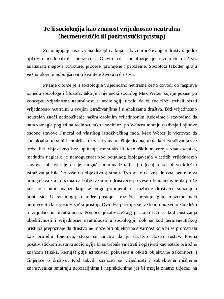 Je Li Sociologija Kao Znanost Vrijednosno Neutralna | PDF