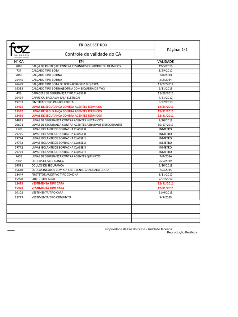 FR.023.SST-R00 - Controle de Validade Do CA 2 | PDF