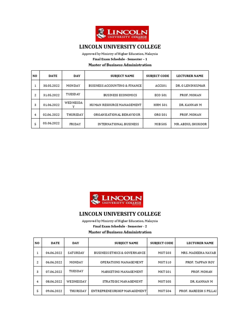 MBA - Exam Schedule - LUC (EXE) | PDF