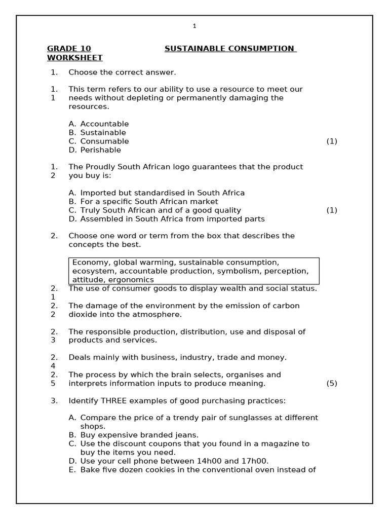 Sustainable Consumption - Worksheet | PDF | Natural Environment | Economies