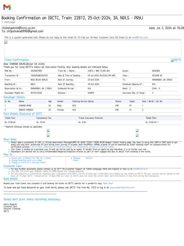 IRCTC, Train_ 22812, 25-Oct-2024, 2A, NDLS - PRYJ | PDF | Service ...
