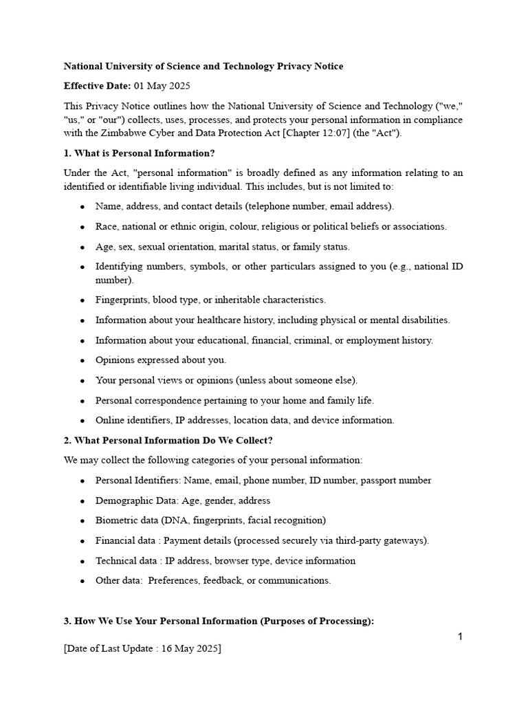 NUST Privacy Notice Under The Zimbabwe Cyber and Data Protection Act ...
