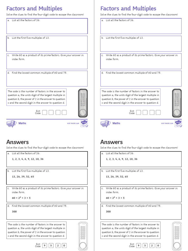 t3 M 4696 Escape The Room Factors and Multiples Challenge Cards English ...