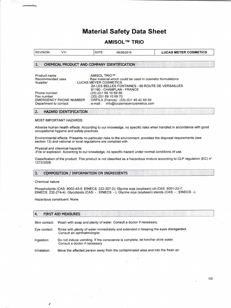Amisol Trio MSDS for Cosmetics Use | PDF | Toxicity | Personal ...