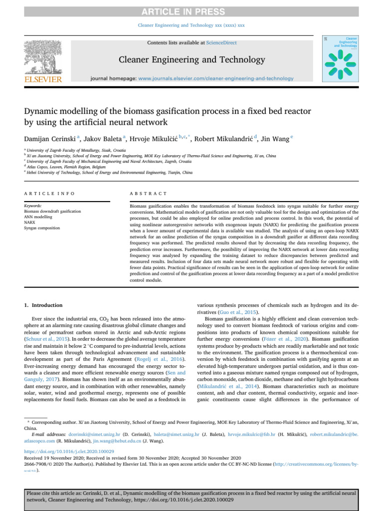 Dynamic Modelling of The Biomass Gasification Process in A Fixed Bed Reactor by Using The ...