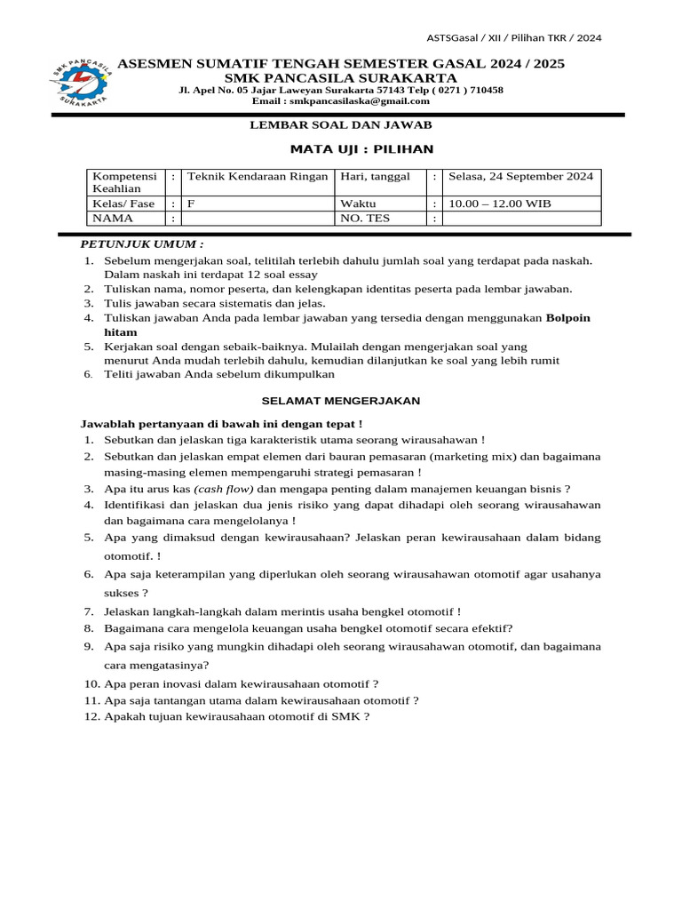 Soal Mapel Pilihan Xii TKR 2024 | PDF