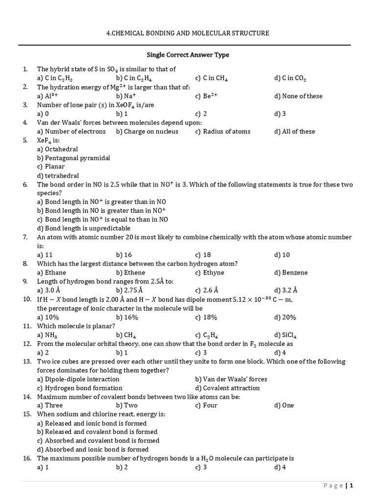 CHEMICAL BONDING Questions & Notes 11 TH | PDF | Chemical Bond ...