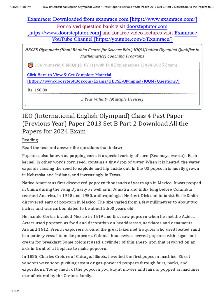 IEO Class 4 Paper 2013 Set B Part 2 | PDF | Popcorn | Snack Food