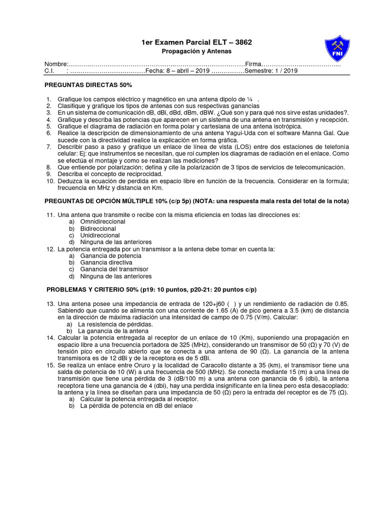 1er Examen Parcial ELT-3862 1-19 | PDF | Antena (Radio) | Electrónica