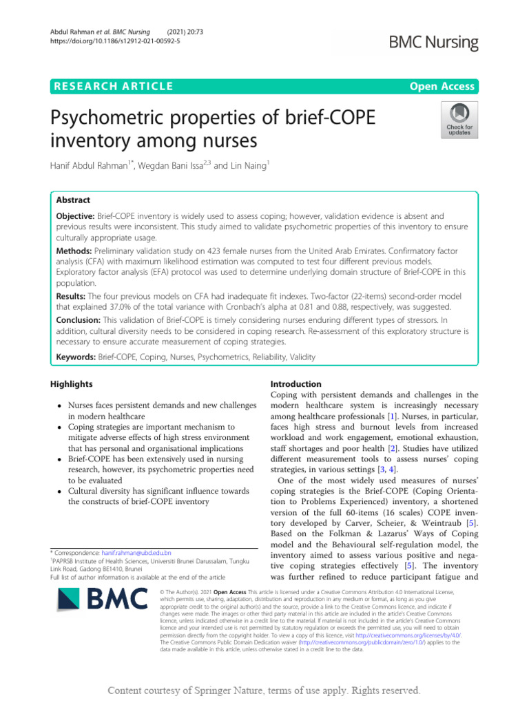 Psychometric Properties of Brief-COPE Inventory Am | PDF ...
