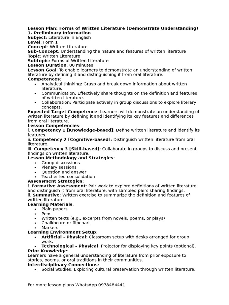 Form 1 LITERATURE-IN-ENGLISH Lesson Plan Term 2 | PDF | Lesson Plan ...