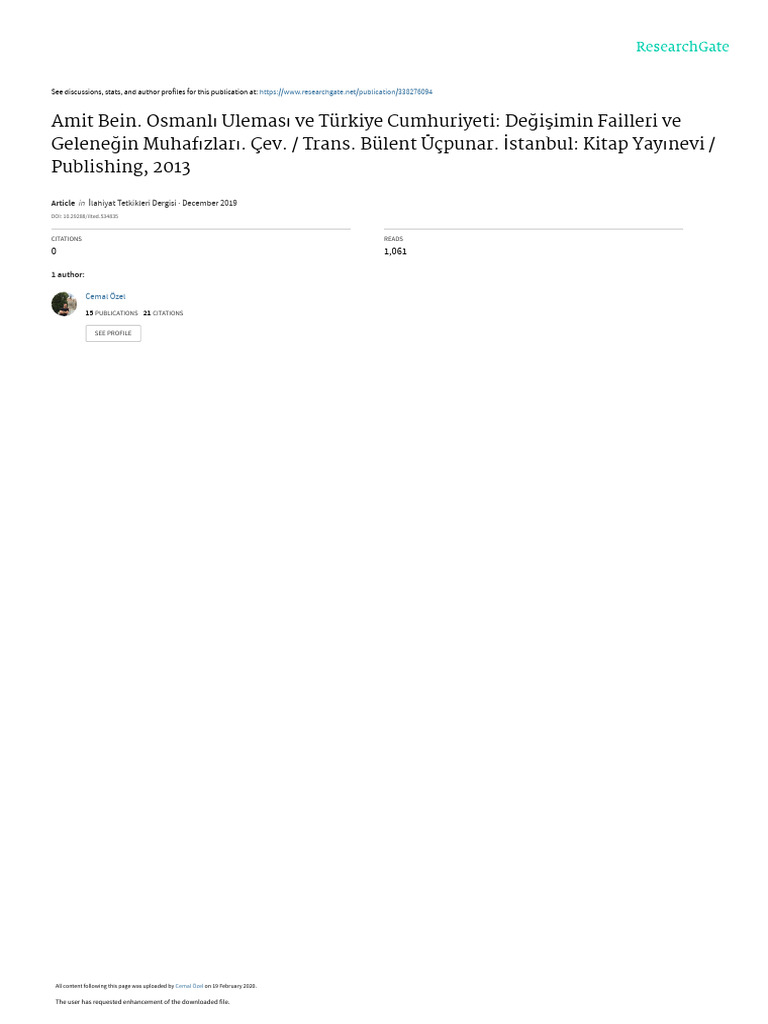 Amit Bein Osmanli Ulemasi Ve Turkiye Cumhuriyeti D | PDF