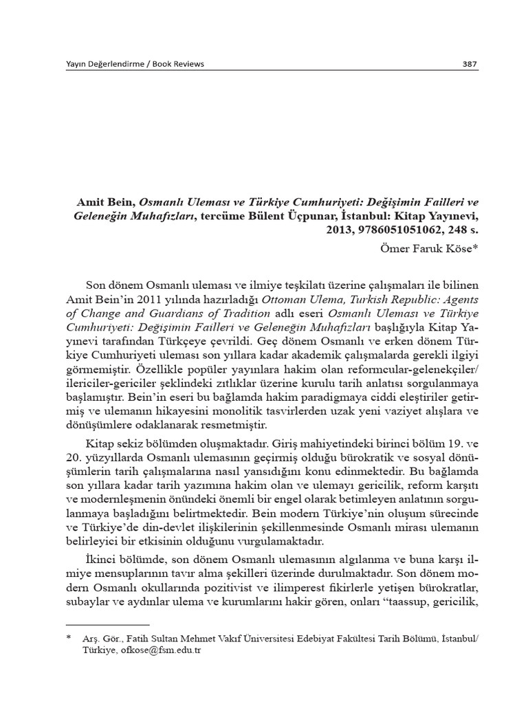 Admin Amit Bein Osmanl Ulemas Ve Trkiye Cumhuriyeti Deiimin Failleri Ve ...