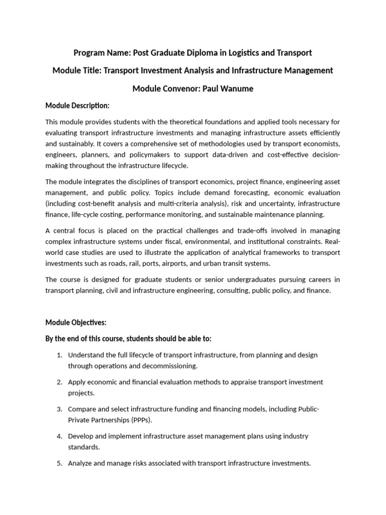 Transport Investment Analysis Module | PDF | Cost–Benefit Analysis ...