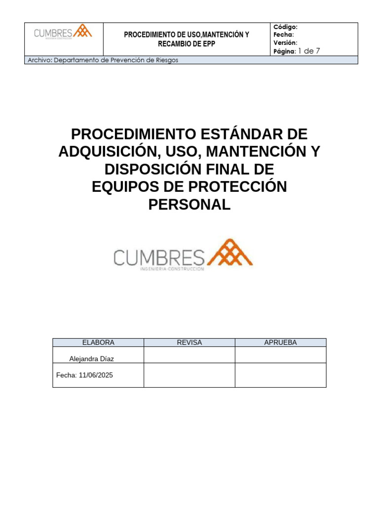 PTS Procedimiento Estandar de Seleccion, Reposicion y Entrega de Epp DS44 | PDF | Seguridad y ...