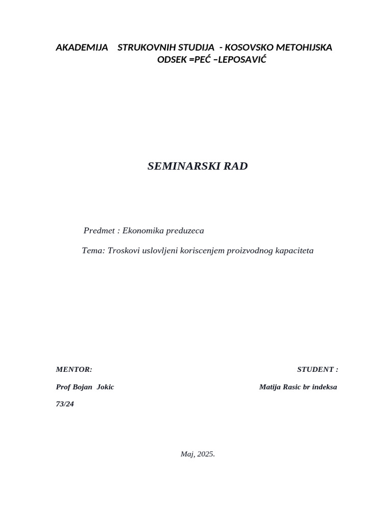 Troskovi Uslovljeni Koriscenjem Proizvodnog Kapaciteta | PDF