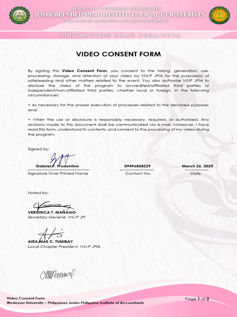 WUP - 2425 - Video Consent Form Ni Gab | PDF