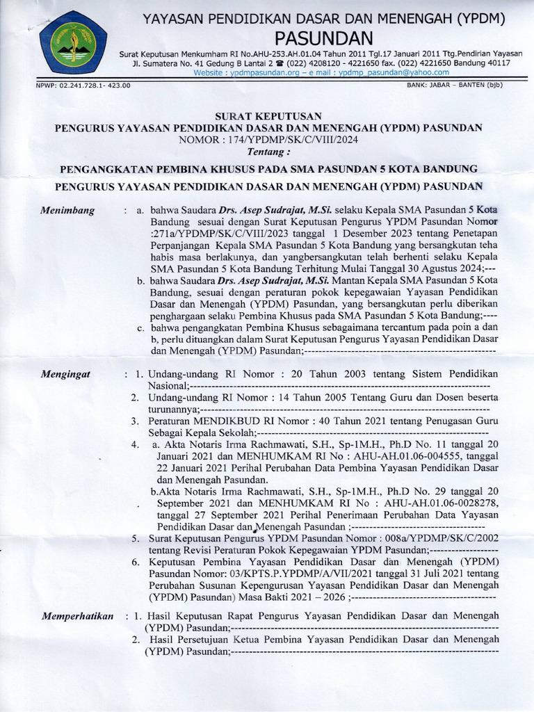SK. Pengangkatan Pembina Khusus SMA Pasma-Pak Asep | PDF