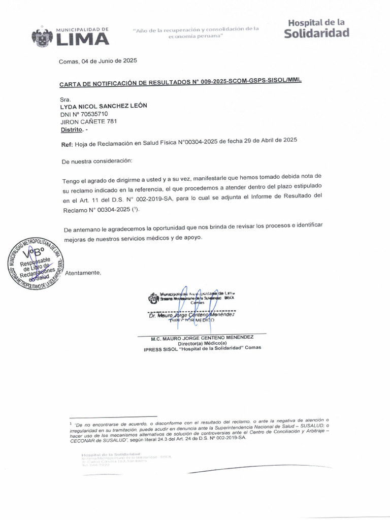 Carta de Notificacion de Resultado #009 | PDF