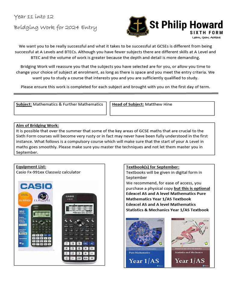 Maths and Further Maths Bridging Work 1112 2024 | PDF | Mathematics
