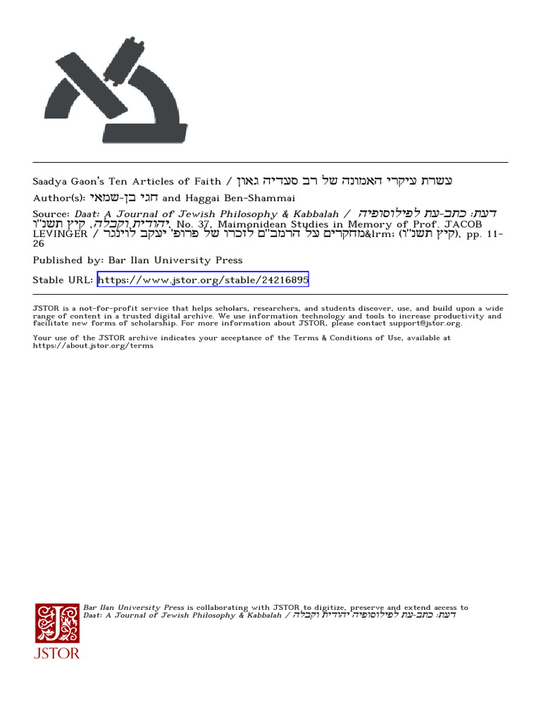 Ben Shammai, Haggai. Saadya Gaon's Ten Articles of Faith | PDF