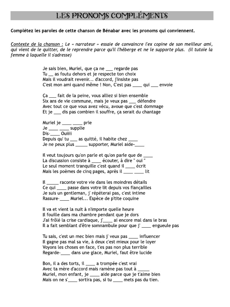 Chanson - Pronoms Compléments | PDF