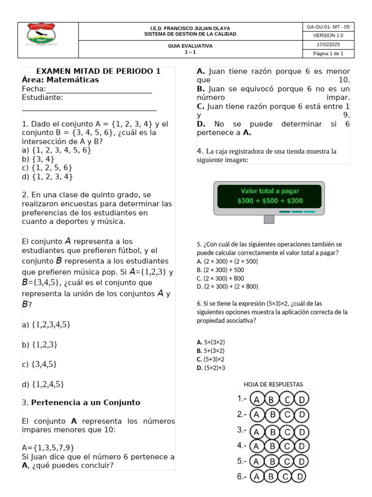 Prueba Mitad de Periodo Matematicas Grado 5° P1 FJO | PDF | Matemáticas