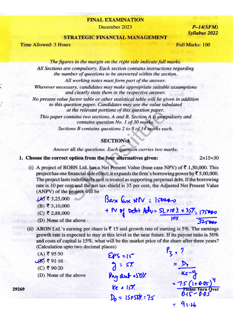 CMA Final SFM Dec 23 Paper Solution | PDF