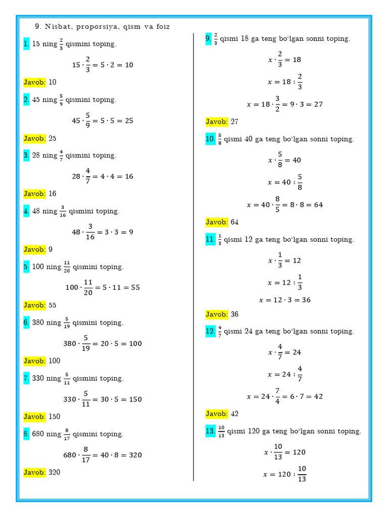 Nisbat, Proporsiya, Qism Va Foiz | PDF