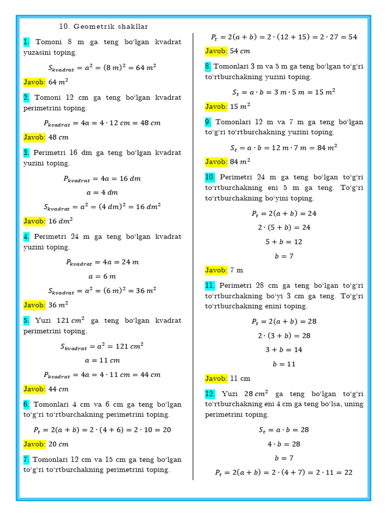 Geometrik Shakllar va Formulalar | PDF